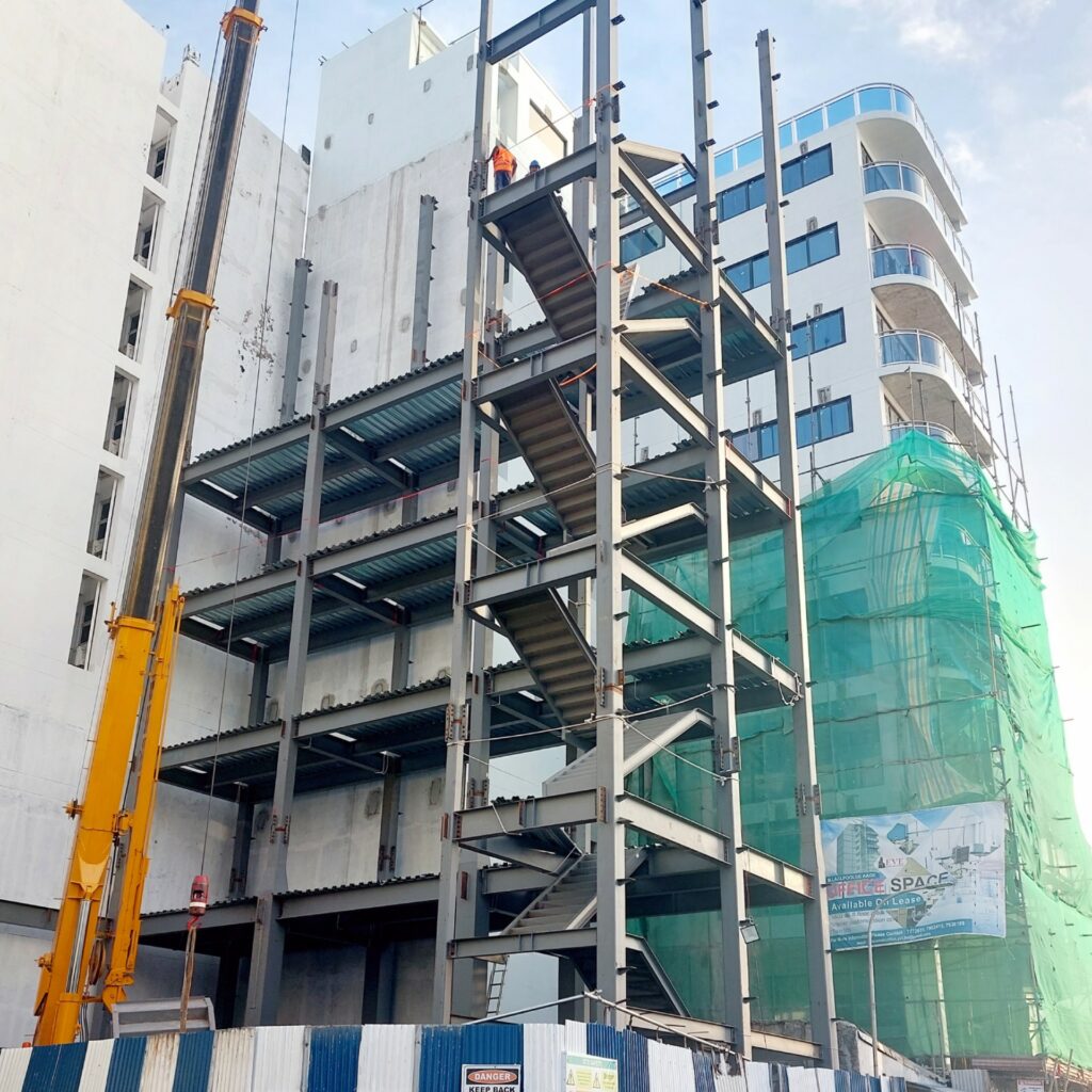 Three-story steel building construction